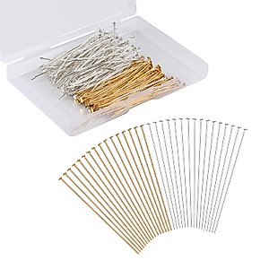 KINBOM 300pcs Straight Head Pins for Jewelry Making Assorted, 2inch Long End Head Pins Silver and Gold Jewelry Pins for Beads for DIY Crafts Earring Bracelet Necklace Pendant Supplies (Flat Head Pin)