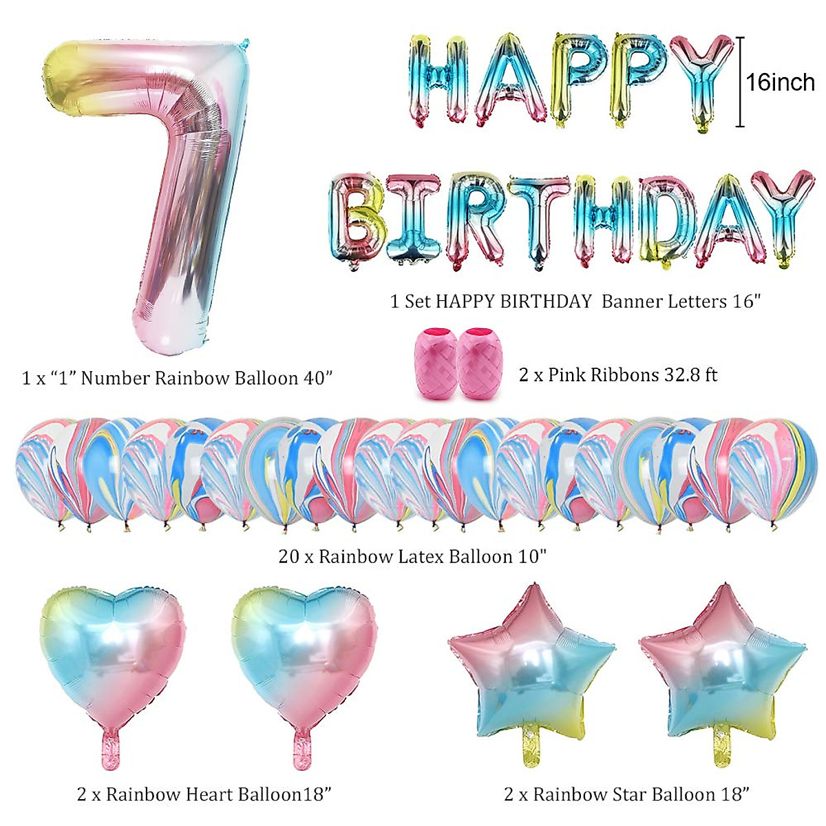 KUNGYO Rainbow 7th Birthday Party Decorations - Girls Birthday Party Supplies Include HAPPY BIRTHDAY Balloon Banner, Giant Number 7 Foil Balloon, Rainbow Star and Heart Balloon, Latex Balloons 28PCS