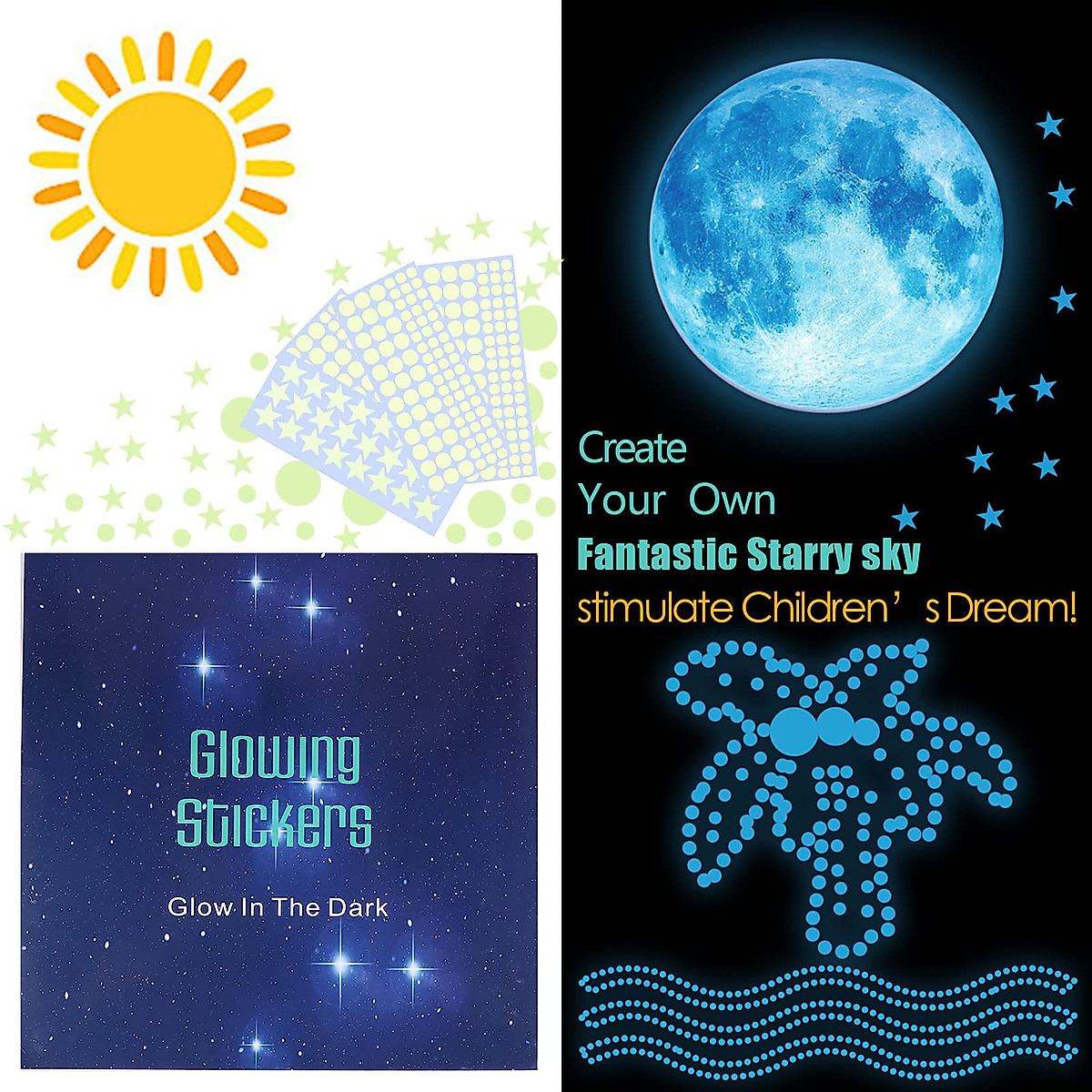 Glow Stickers in The Dark Stars Moon Elfin Unicorns Dots 1597 PCS Set Self-Adhesive Glow in The Dark Stickers for Room Ceiling Wall Decals Kids Party Decoration