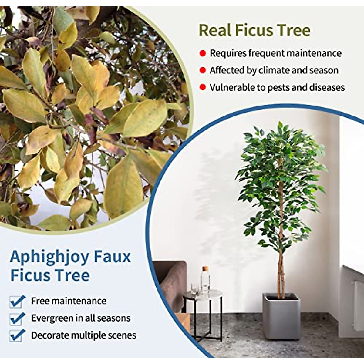 Aphighjoy Faux Plants Artificial Ficus Trees Eucalyptus Trees with Silk Leaves Fake Moss and Sturdy Nursery Pot, Fake Plants for Office Home Decor (5Ft - 1Pack, Upgraded Ficus Tree)