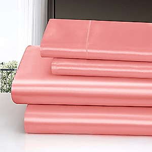 Homiest 3pcs Satin Sheets Set Luxury Silky Satin Bedding Set with Deep Pocket, 1 Fitted Sheet + 1 Flat Sheet + 1 Pillowcase (Twin Size, Rose Pink)