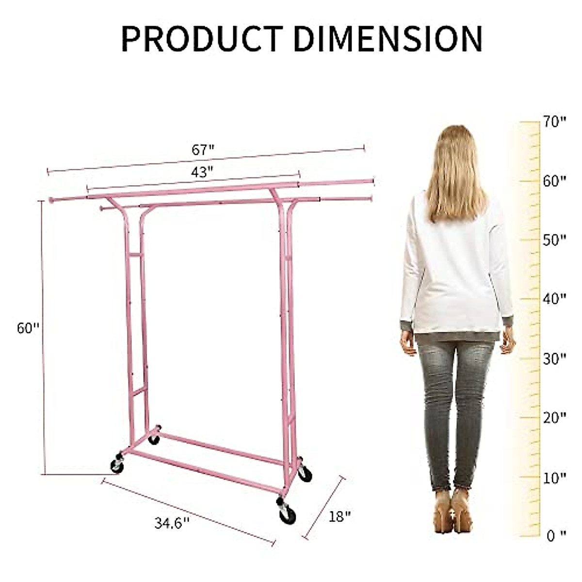 Fishat Pink Heavy Duty Double Rod Garment Rack & Laundry Hamper Butler Cart Basket