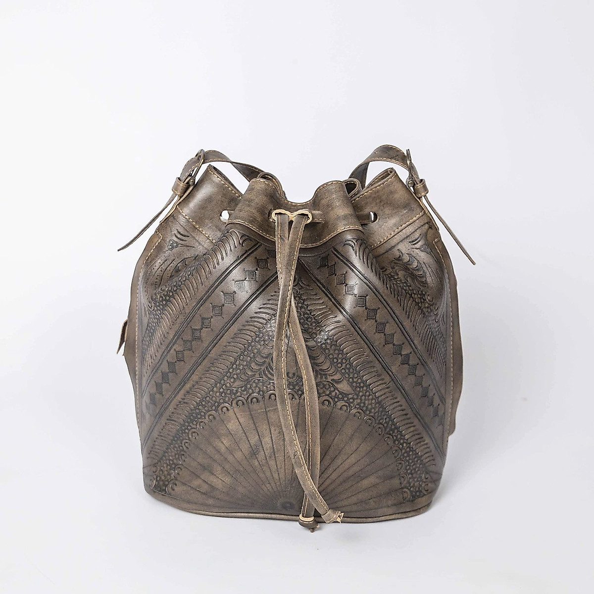 Womens Drawstring Bucket Bag, Genuine Leather Crossbody Bag, Hand tooled, Dark Brown, Handmade Leather Purse