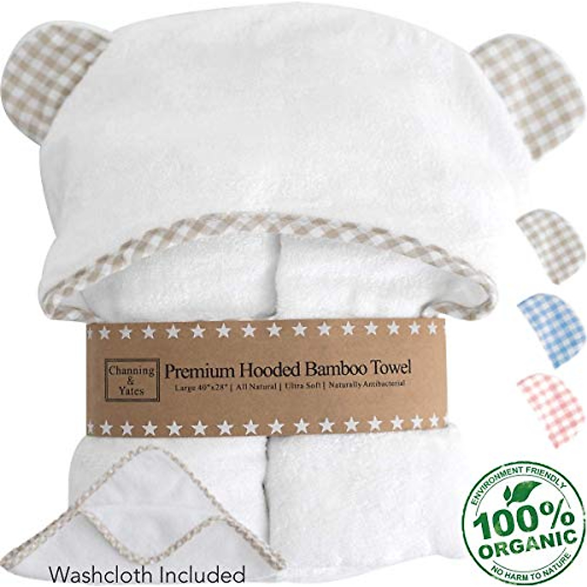 Channing & Yates Premium Hooded Baby Towel + (4 Piece) X-Large Washcloth Gift Bundle - Organic Bamboo Baby Towels and Washcloths- (Beige Gingham Bundle)…
