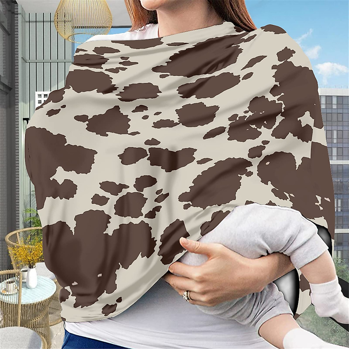 Wanyint Brown Cow Nursing Cover Carseat Canopy Cover Adorable Animal Fur Print Car Seat Covers for Babies Girls Boys Breathable Nursing Cover for Boys Girls