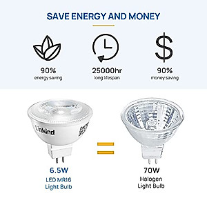 Linkind MR16 LED Bulb Dimmable, GU5.3 Bi-Pin Base MR16 LED Bulbs, 6.5W (70W Equivalent) 3000K Soft White 640lm MR16 LED Spot Lights, Recessed, Tracking Lights, 12V Low Voltage, 6 Packs