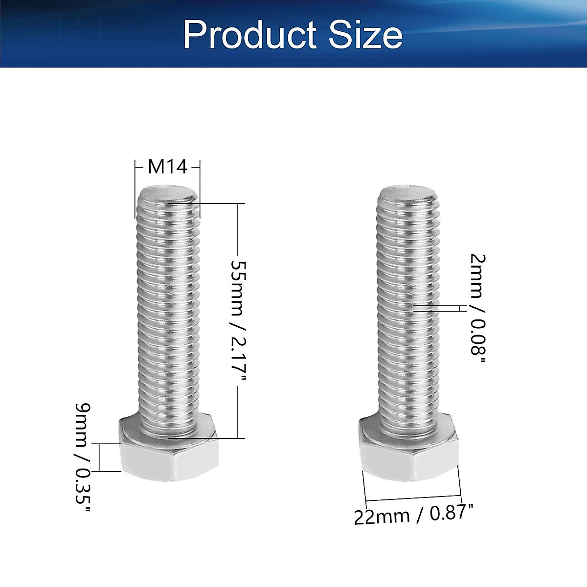 Yinpecly M14-2 x 55mm Hex Bolt Hex Flat Head Cap Bolts Screws for High-pressure Flow Pump Impellers Silver 2pcs