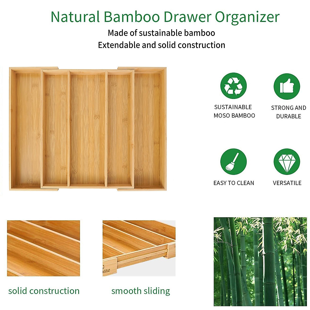 Utoplike Bamboo Expandable Kitchen Drawer Organizer, Adjustable Utensil Holder and Cutlery Tray Organiser, Drawer Divider for Silverware, Flatware, Knives in Kitchen, Bedroom, Living Room