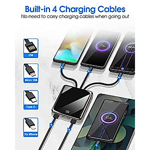 KLL Power Bank with Built in Cables, 10000mAh Slim Portable Charger LED Display, Small External Battery Pack with 4 Inputs and 5 Outputs Phone Charger for iPhone Samsung Huawei iPad etc