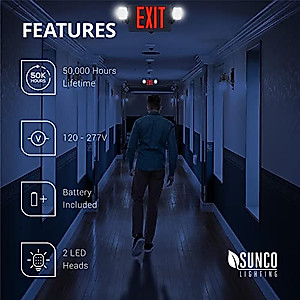 Sunco LED Exit Signs with Emergency Lights, Double Sided Adjustable LED Emergency Combo Light with Backup Battery, Hard Wired, Commercial Grade, 120-277V, Fire Resistant (UL 94V-0) 6 Pack