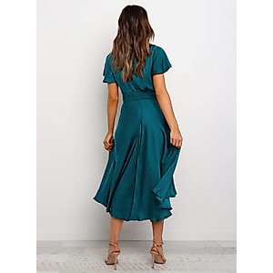 miduo Women's Dresses Summer V Neck Ruffle Short Sleeve Club Self Tie High Waist Hi Low Midi A-Line Skater Satin Dresses Wedding S