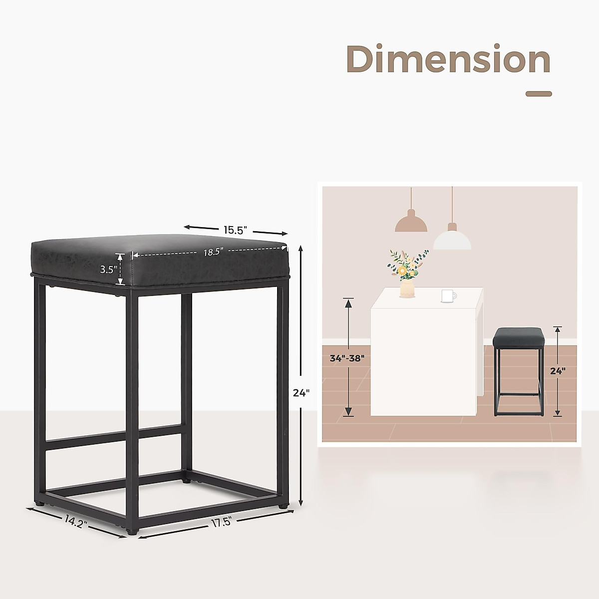 MAISON ARTS Black Counter Height 24" Bar Stools Set of 2 for Kitchen Counter Backless Modern Square Barstools Upholstered Faux Leather Stools Farmhouse Island Chairs,Support 330 LBS,(24 Inch,Black)