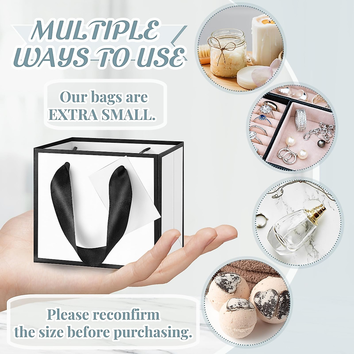 Yeaqee 50 Pcs Mini Gift Bags with Handles Small Christmas Gift Bags Metallic Foil Paper 4x4.75x2.25'' Extra Small Thank You Gift Bags Bulk with Tag for Christmas Birthday Party Wedding(White, Black)