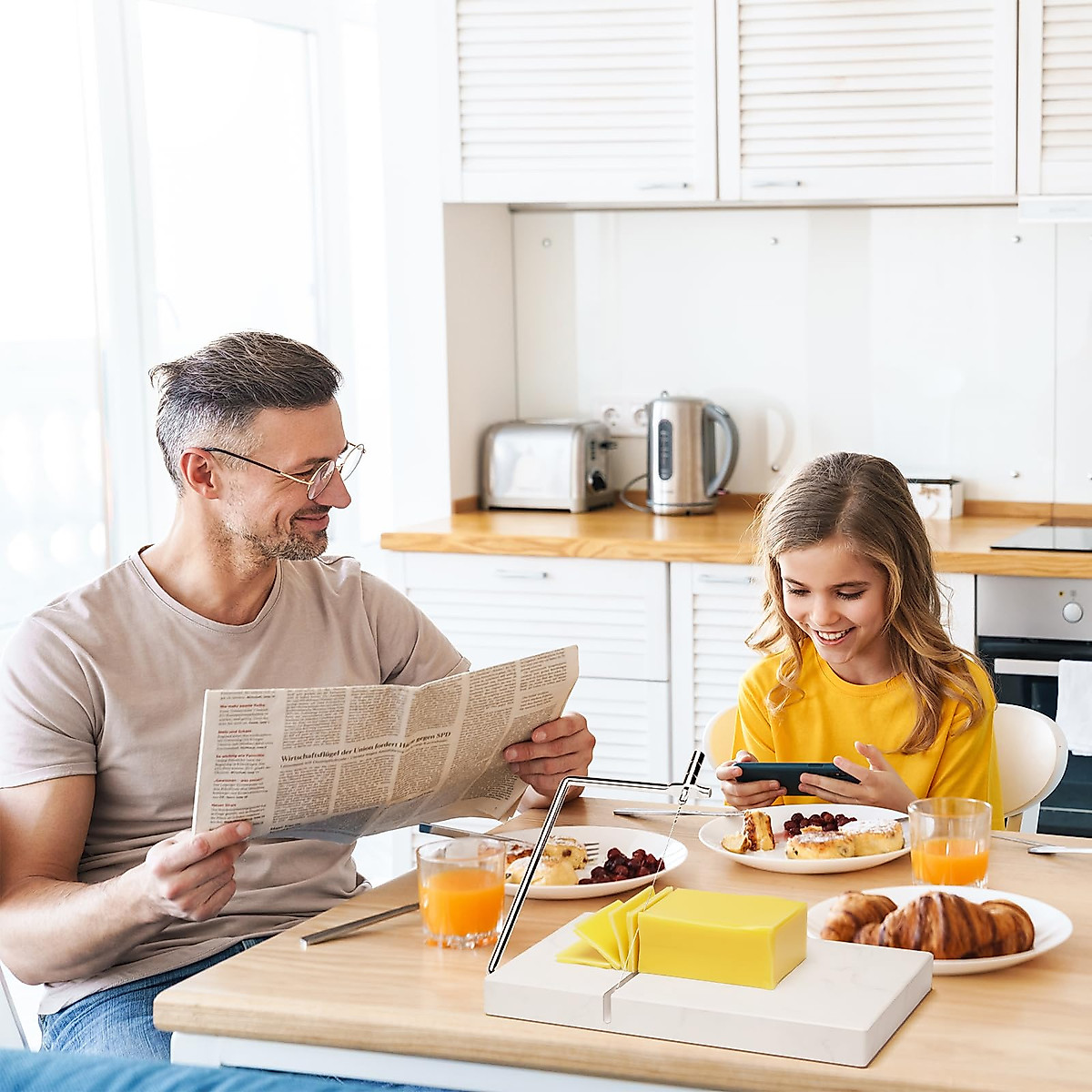Cheese Slicer - Cheese Cutter with 5 Replacement Upgrade Thick Cutting Wires - Heavy Duty 5" x 8" Marble Board Cheese Slicer for Block Cheeses, Butter, Etc - Kitchen Gadget Cheese Slicer Tool - White