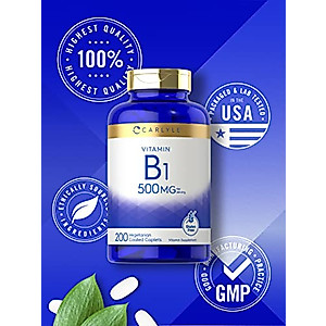 Carlyle Vitamin B1 500mg (Thiamine) | 200 Vegetarian Caplets | Non-GMO and Gluten Free Supplement