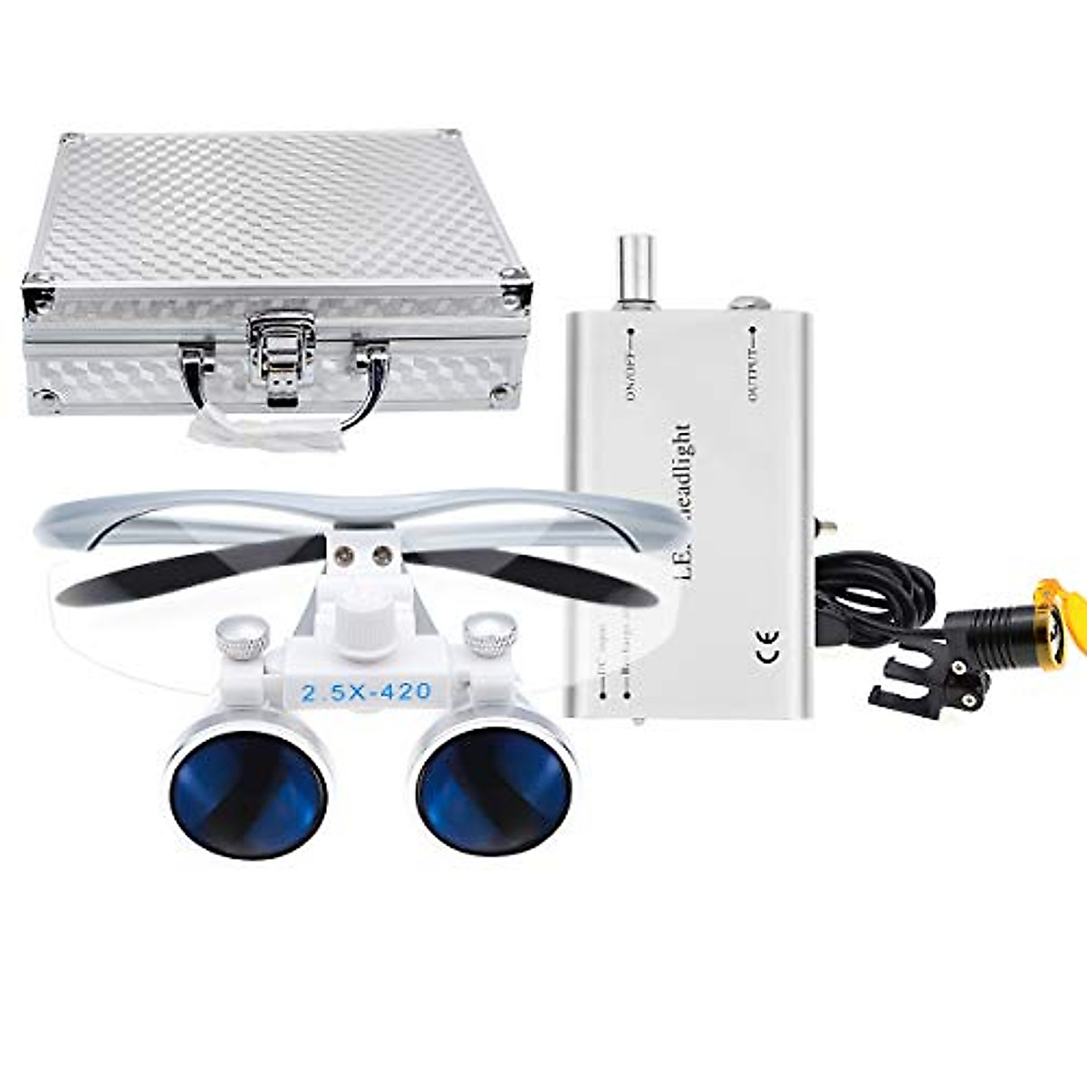 2.5X Binocular Loupes 420mm Optical Glasses +3W LED Headlight Lamp with Filter + Aluminum Box Silver