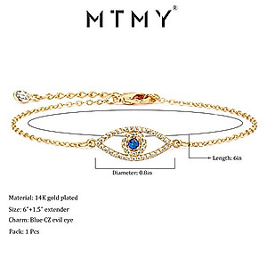 MTMY Evil Eye Bracelet for Women 14K Gold Plated Dainty Bracelets with Crystcal Adjustable Chain Cute Eye Bracelet Gold Jewelry for Her