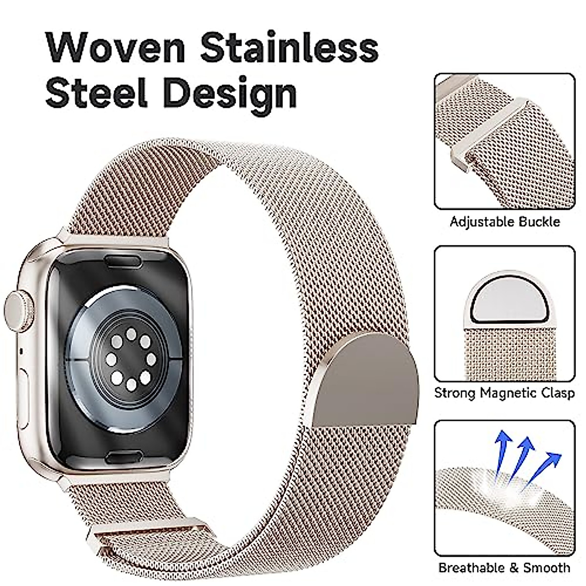 OUHENG 2 Pack Metal Magnetic Bands Compatible with Apple Watch Band 41mm 40mm 38mm Women Men, Stainless Steel Mesh Loop Replacement Strap for iWatch SE Series 8 7 6 5 4 3 2 1, Starlight/Rose Gold