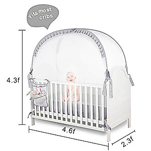 ZXPLO Baby Safety Crib Tent Infant Pop up Mosquito Net Nursery Bed Canopy Netting Cover - Keep Baby from Climbing Out with Hanging Diaper Storage Bag (Gray)