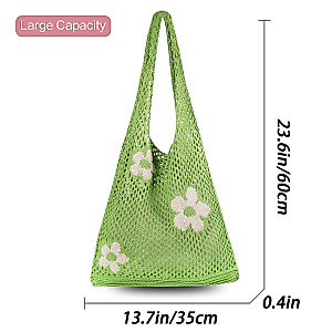 Arcimatto Crochet Tote Bag, Women Summer Aesthetic Mesh Beach Bags, Girls Hobo Bags Y2k Purse Fairy Grunge Accessories (Green Flower)