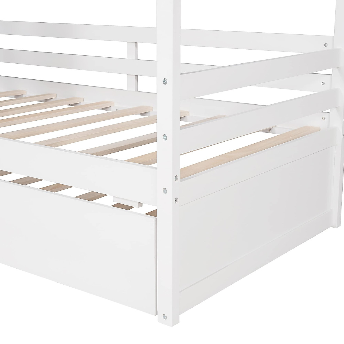 Harper & Bright Designs House Bed for Kids, Twin Daybed with Trundle and Roof, Twin Size Platform Bed Frame with Fence and Window for Kids, Teens, Girls & Boys, Easy Assembly (White)