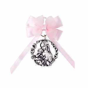 The Holy Virgin Mary and her Son, Jesus Catholic Crib Medal with Satin Ribbon. Perfect Baptism Gifts for Babies, Christening Gifts for Babies, Baby Shower and Baby Nursery Wall Decor. (Rose)