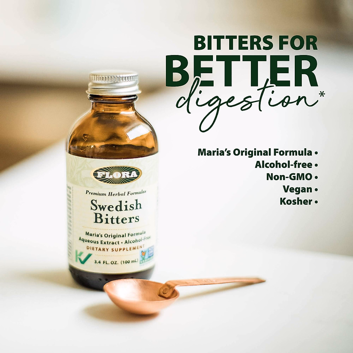 Flora - Swedish Bitters for Digestion, Alcohol-Free Bitters Help Bloating & Digestion, Maria's Original Formula Aqueous Extract, Vegan, Kosher, Non GMO, 3.4-fl. oz. Glass Bottle