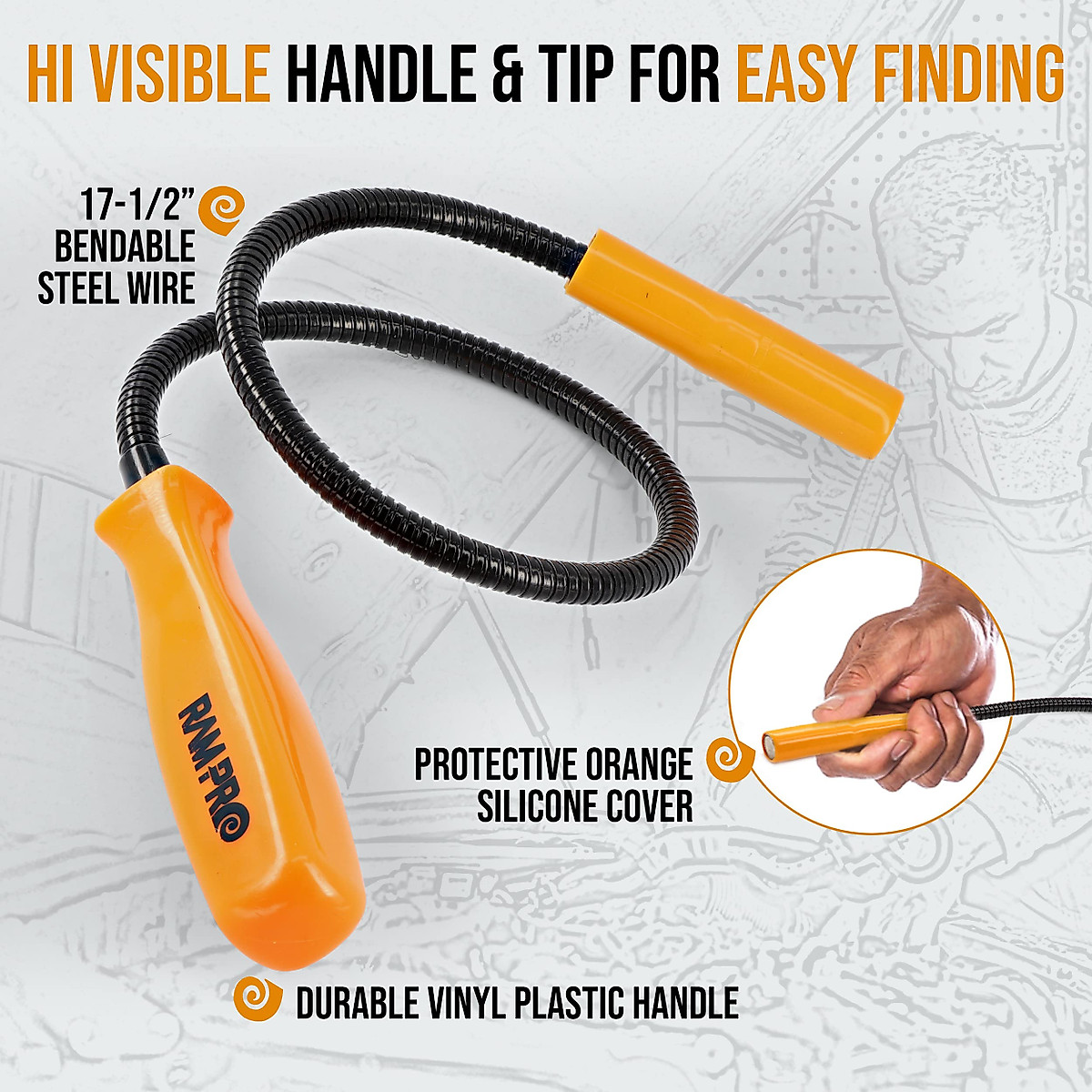 24” Flexible Magnetic Grabber Pickup Tool, Long Flexible Bend-It Magnet Snake Pick-Up Bendable Retriever Stick, Useful for Hard-to-Reach Sink Drains, Car Keys, USB’s, Bolts, Nuts, & Screws –By RAM-PRO