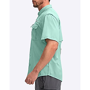 Pudolla Men's Fishing Shirts Short Sleeve Travel Work Shirts Summer Button Down Shirts for Men UPF50+ with Zipper Pockets(Arona, Large)