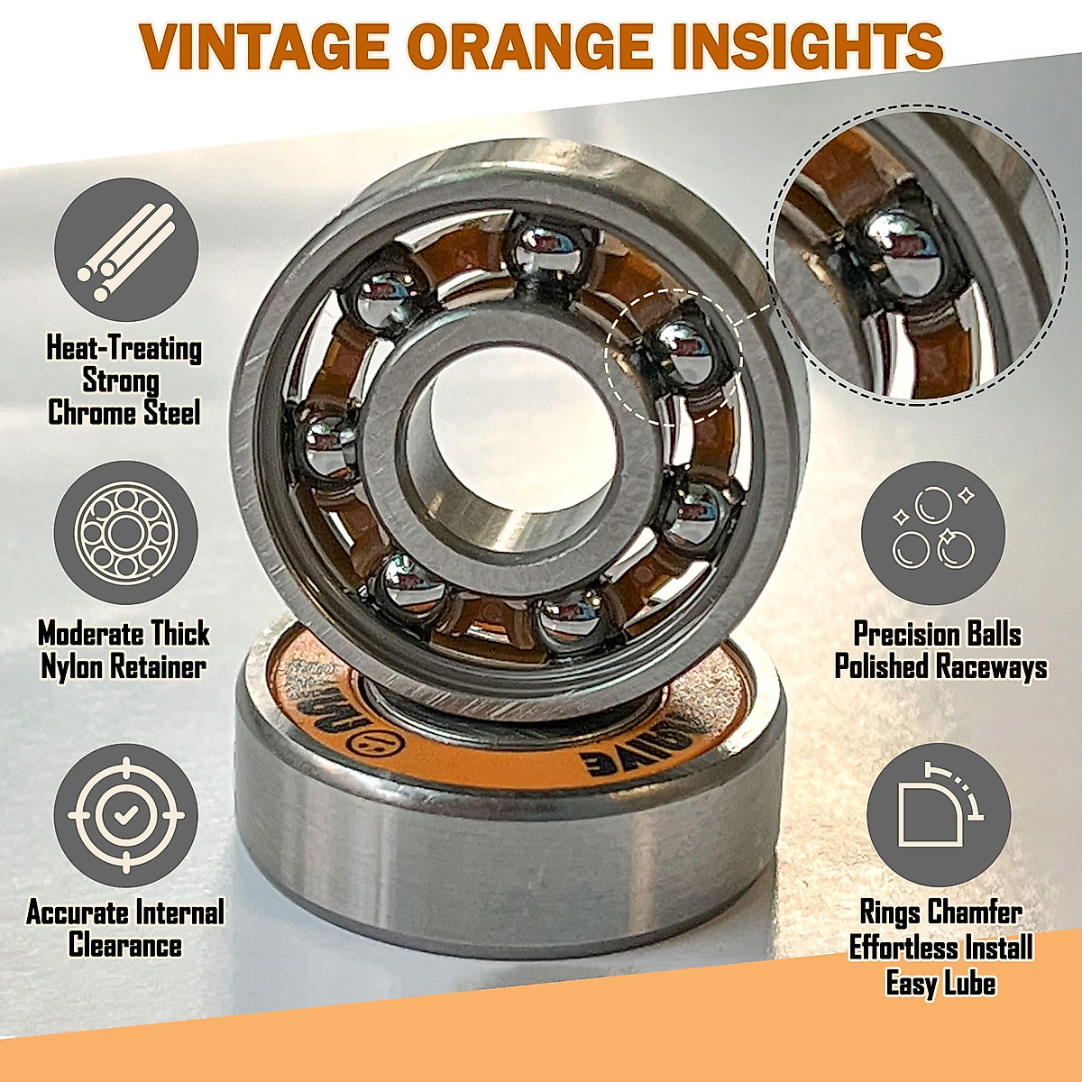 Naivskb Skate Bearings 8mm 16 Pack, Precision 608 Bearings Quad Inline Speed Roller Skate Derby Skateboard Longboard(Vintage Orange)