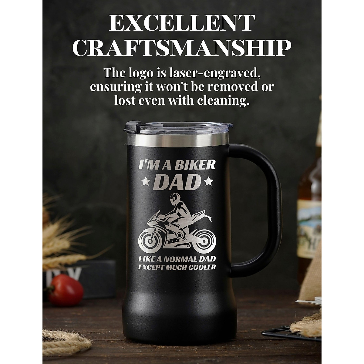 Onebttl Biker Dad Motorcycle Gifts for Men, Stainless Steel Beer Stein Tumbler, 24oz Beer Mug with Lid