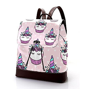 Cute Unicorn Cupcake Pattern Backpack for Women Fashion PU Leather Daypacks Anti-Theft Shoulder Bag Satchel