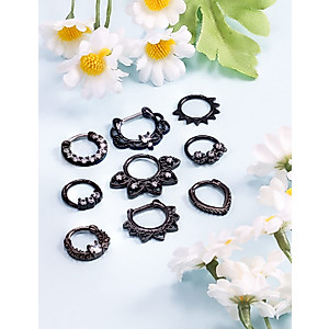 Ocptiy 16G Septum Ring Piercing Jewelry 316L Stainless Surgical Steel Horseshoes Hinged Septum Seamless Hypoallergenic Cute Septum Clicker Nose Ring Earring Hoop Piercing Jewelry Men Women Black 10mm