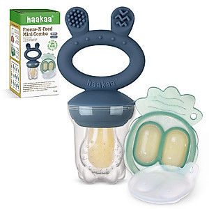 Haakaa Baby Fruit Food Feeder & Mini Freezer Nibble Tray Combo, Breastmilk Popsicle Molds for Baby Cooling Relief, BPA Free Silicone Feeder for Safe Infant Self Feeding, 4 Month+ (Steel Blue)