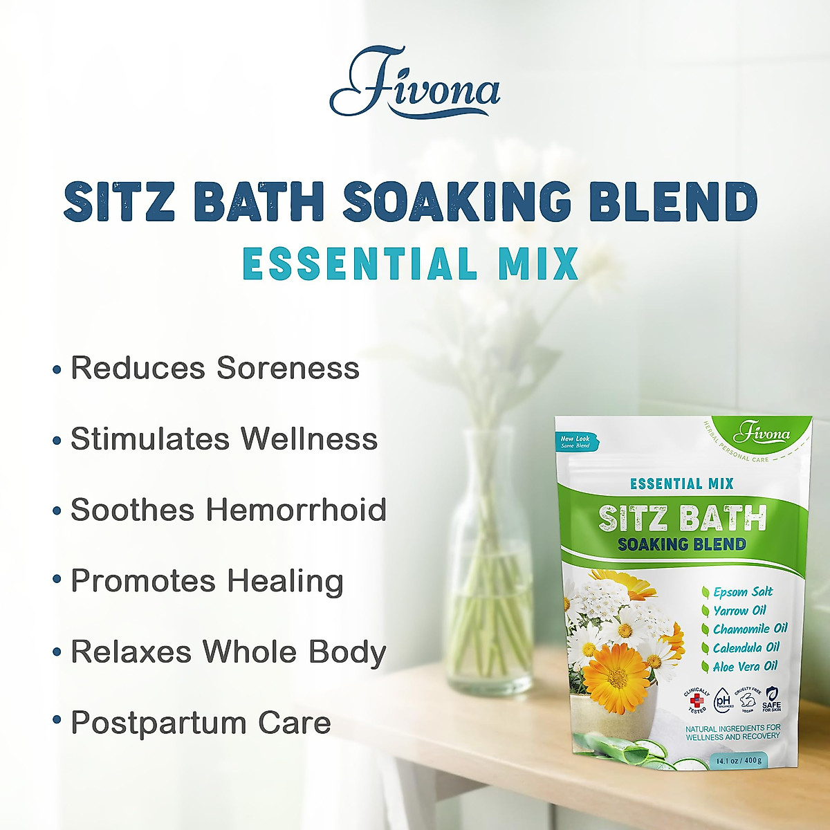 Hemorrhoid Treatment Sitz Bath Salt Natural Soaking Blend - Epsom Salt with Pure Essentials Oils for Fissure, Postpartum Care, Bartholin Cyst Treatment - Essential Mix for Self Care - 1 Pack - 14.1 oz