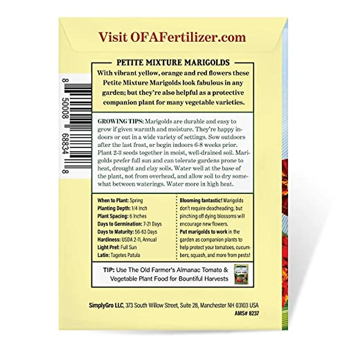 The Old Farmer's Almanac Marigold Seeds (Petite Mixture) - Approx 200 Flower Seeds - Premium Non-GMO, Open Pollinated, USA Origin