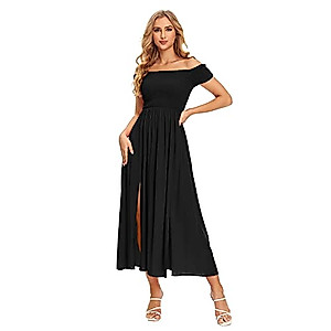 Floerns Women's Boho Floral Print Off Shoulder Split Long A Line Dress A Solid Black XXL