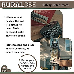 Rural365 Owl Decoy Bird Deterrent - Artificial Solar Powered Fake Owl with Rotating Head, Flashing Eyes, and Bird Sounds