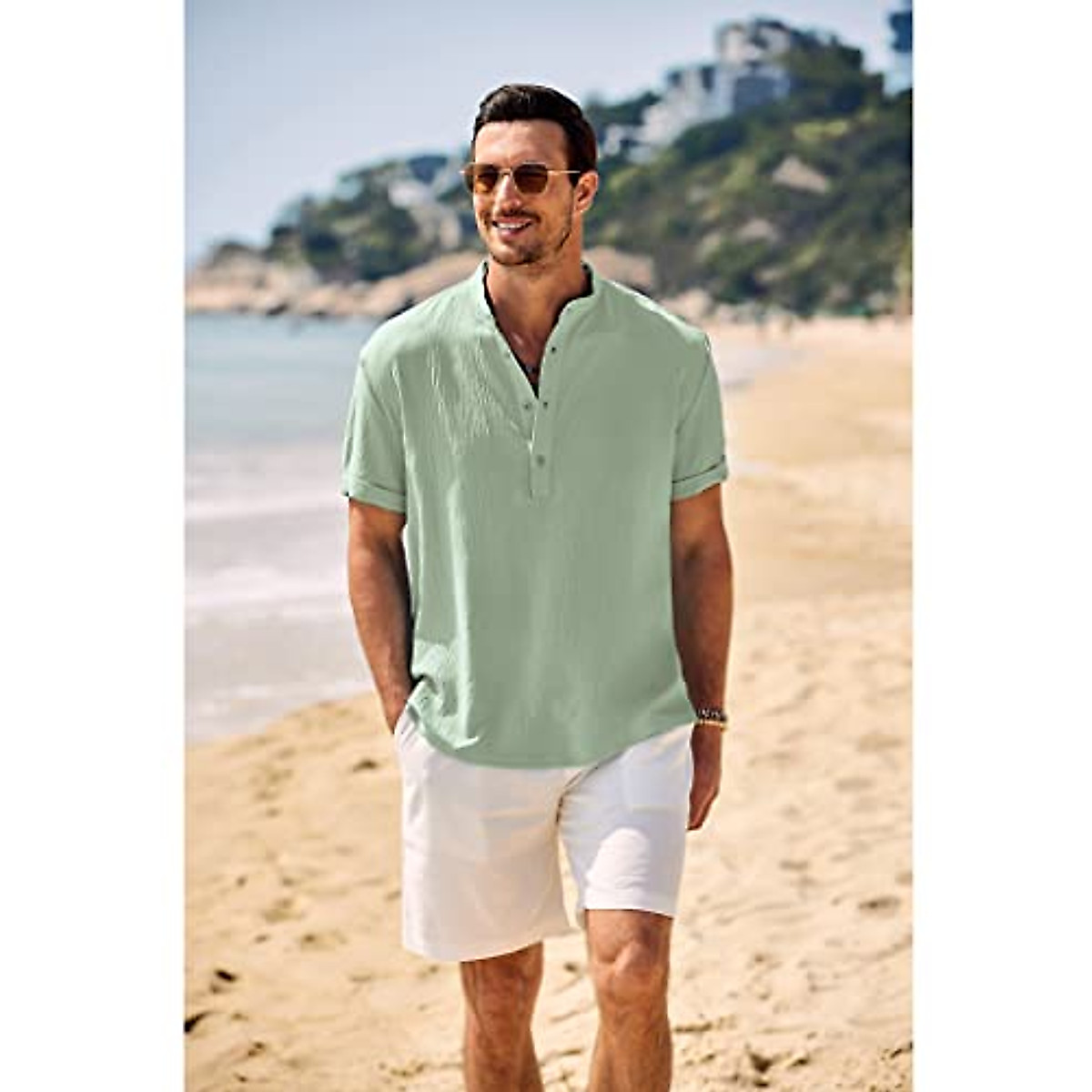 COOFANDY Men's Casual Henley Shirt Band Collar Short Sleeve Shirt Beach Shirt Light Green