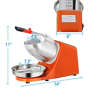 F2C Electric Ice Crusher Shaver Snow Cone Maker with Dual Stainless Steel Blades 300W 145 lbs/hr for Home and Commercial Use (Orange)