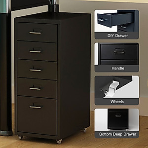 MIOCASA 5 Drawer Metal File Cabinet Mobile Underdesk Chest for Home Office (Black)