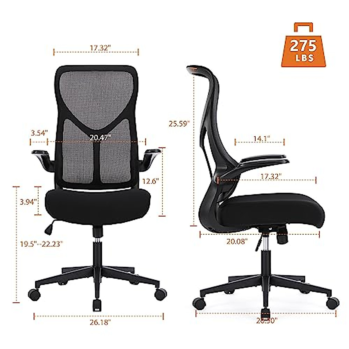 Ergonomic Office Chair, Mid Back Computer Chair with Adjustable Height, Swivel Chair with Flip-Up Arms and Lumbar Support