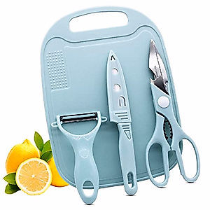 Magicorange Travel Cutting Board Set, 3 Pcs Portable Mini Camping Plastic Cutting Board Set & Stainless Steel Knife with Sheath, Fruits & Vegetable Peeler Scissors (Blue)