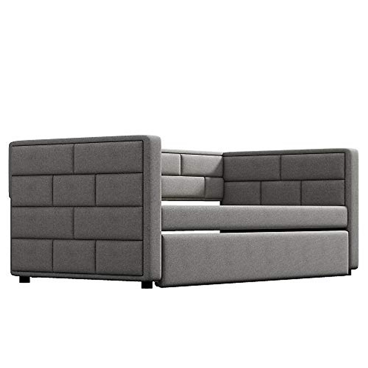 YILIBO Wood Bed Twin Size Trundle, Upholstered Daybed with Padded Back, Space-Saving Design, Built-in Solid Slat Support for Kids Teens Bedroom, No Box Spring Needed, Grey