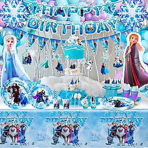 Frozen Birthday Party Supplies,145pcs Frozen Party Decorations&Tableware Set-Frozen Themed Birthday Banner Balloons&Frozen Party Plates Cup Tablecloth etc Anna and Elsa Birthday Decorations