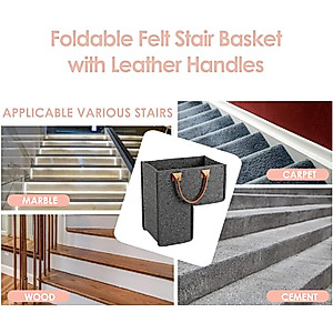 glylo Stair Organizer Basket, Thickened L Shape Stair Basket, Foldable Stair Step Organizer with Leather Handles, L Shape Stair Organizer for Laundry Toys Books Household Items, Dark Gray