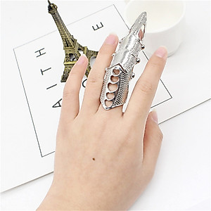 COLORFUL BLING 3 Piece Gothic Meatal Armour Knuckle Ring Set Punk Full Finger Claw Adjustable Double Loops Long Ring for Women-B silver