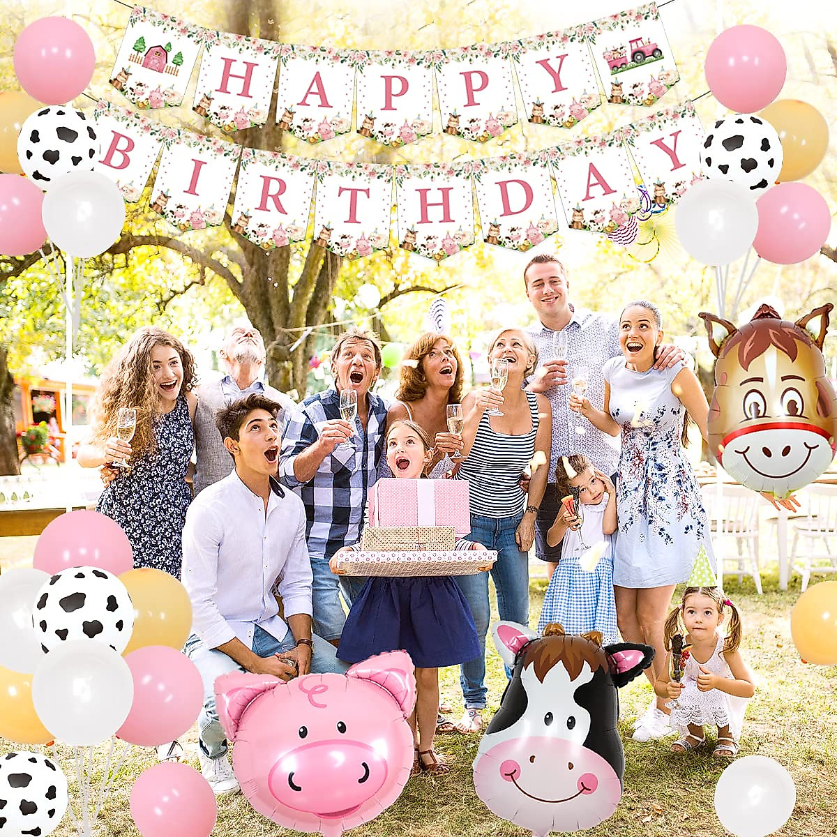 Pink Farm Animals Birthday Decorations for Girls Farmhouse Floral Theme Happy Birthday Banner Cow Pig Donkey Balloons Hanging Swirls Cake Cupcake Toppers for Kids Barnyard Theme Bday Party Supplies
