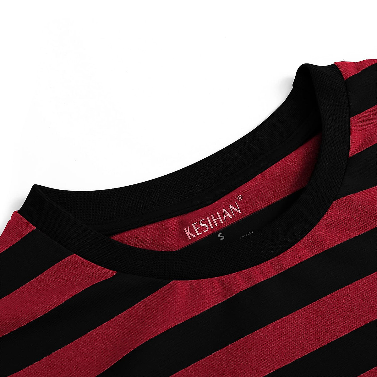 KESIHAN Men's Casual Cotton Spandex Striped Crewneck Short-Sleeve T-Shirt Basic Pullover Stripe tee Shirt(XL Black Red)