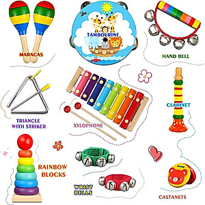 LOOIKOOS Toddler Musical Instruments,Wooden Percussion Instruments for Baby Kids Preschool Educational Musical Toys Set Boys and Girls with Carrying Bag